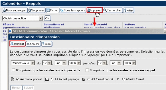 Comment puis-je imprimer mes rappels dans STRATO Communicator 3.5?